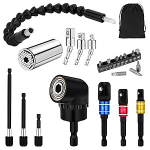 22pcs Flexible-Drill-Bit-Extension Set, 105°Right-Angle-Drill Attachment,Hex Shank Drill-Bit-Kit Rotatable Joint Socket 1/4 3/8 1/2 in Hex Socket Adapter Bendable Drill-Bit-Extension Screwdriver Bit…