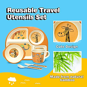 RayPard 5 Pcs Bamboo Kid Plates and Bowls Sets, Unbreakable Plastic Toddler Dinnerware Set Include Divided Plate, Bowl, Cup, Spoon, Fork, Children Durable Cartoon Tableware (Orange Elephant)
