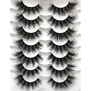 False Eyelashes 8D Volume Fluffy Faux Mink Eyelash Fake Wispy Dramatic Russian Strip Lashes That Look Like Extensions 12-18mm Cat-Eye Natural Thick 7 Pairs Pack