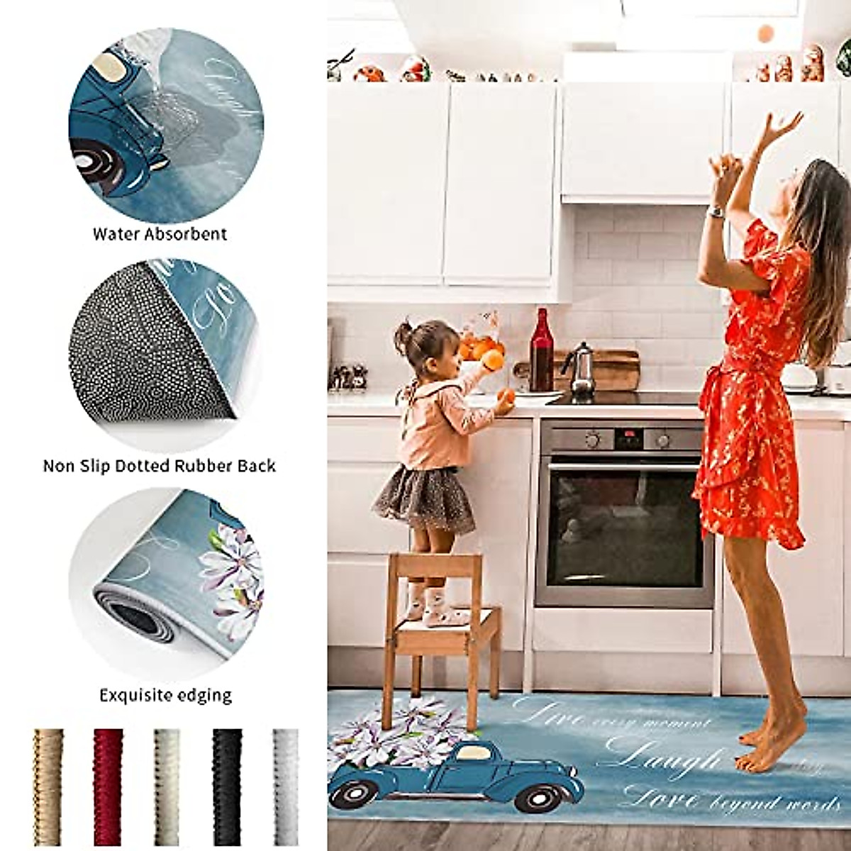 Kitchen Rugs and Mats Set Non-Slip Cushioned Anti-Fatigue Mat Machine Washable 2 Pieces Rug Set Kitchen Mats, Live Simply Laugh often Love Deeply Blue Truck Carrying Magnolia 15.7"x23.6"+15.7"x47"