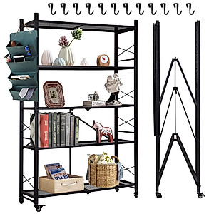 GREZJXC 5-Tier Metal Shelving with Wheels and 12 Hook, Rolling Storage Shelves Foldable Shelves,Wire Shelving.Heavy Steel Material Pantry Shelves Holds up to 1250 lbs