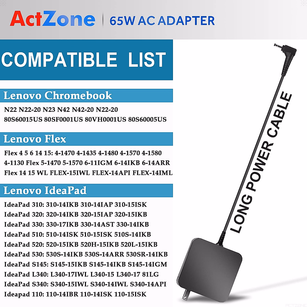 65W Ac Adapter Power Cord for Lenovo IdeaPad 100S 110 110S 120 120S 310 320 330S S340 510 710S, Flex 4 1470 1580 1130 Flex 5 1570 1470 ADL45WCC ADLX65CCGU2A PA-1450-55LL Laptop Charger