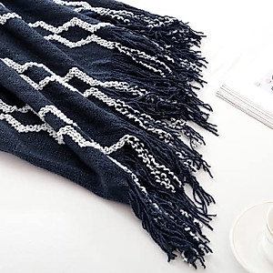 BOURINA Fluffy Chenille Knitted Fringe Throw Blanket Lightweight Soft Cozy for Bed Sofa Chair Throw Blankets, Navy 50" x 60"