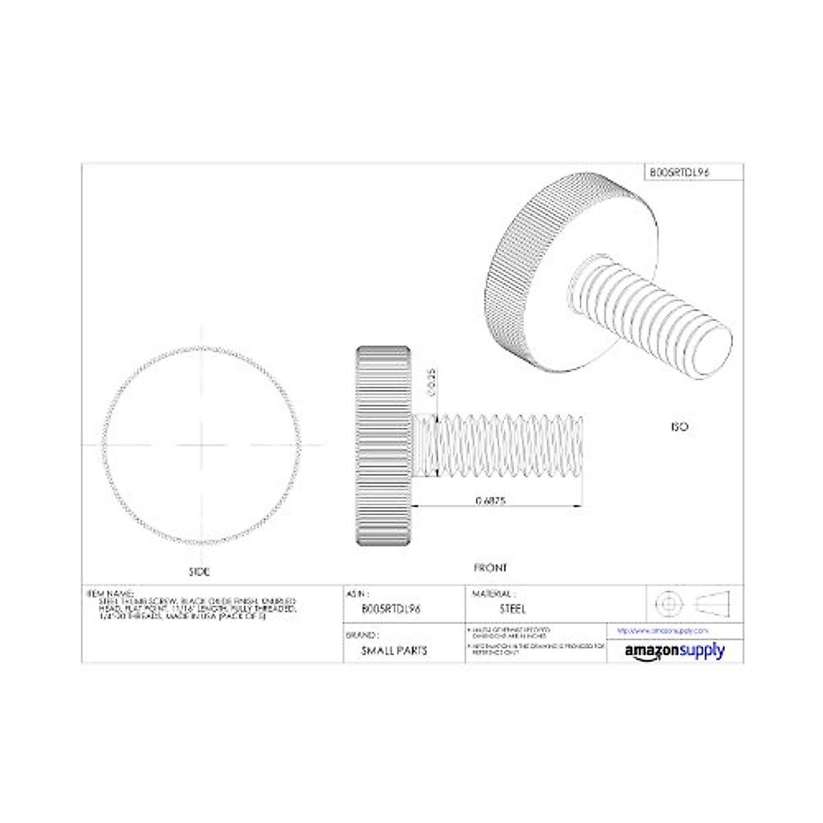 Steel Thumb Screw, Black Oxide Finish, Knurled Head, Flat Point, 7/16" Length, Fully Threaded, #6-32 UNC Threads, Made in US (Pack of 5)