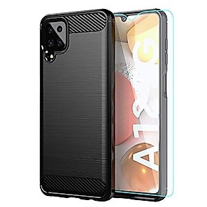 Samsung A12 Case,Galaxy A12 Case,with HD Screen Protector,Shock-Absorption Flexible TPU Bumper Cove Soft Rubber Protective Case for Samsung Galaxy A12 (Black Brushed TPU)