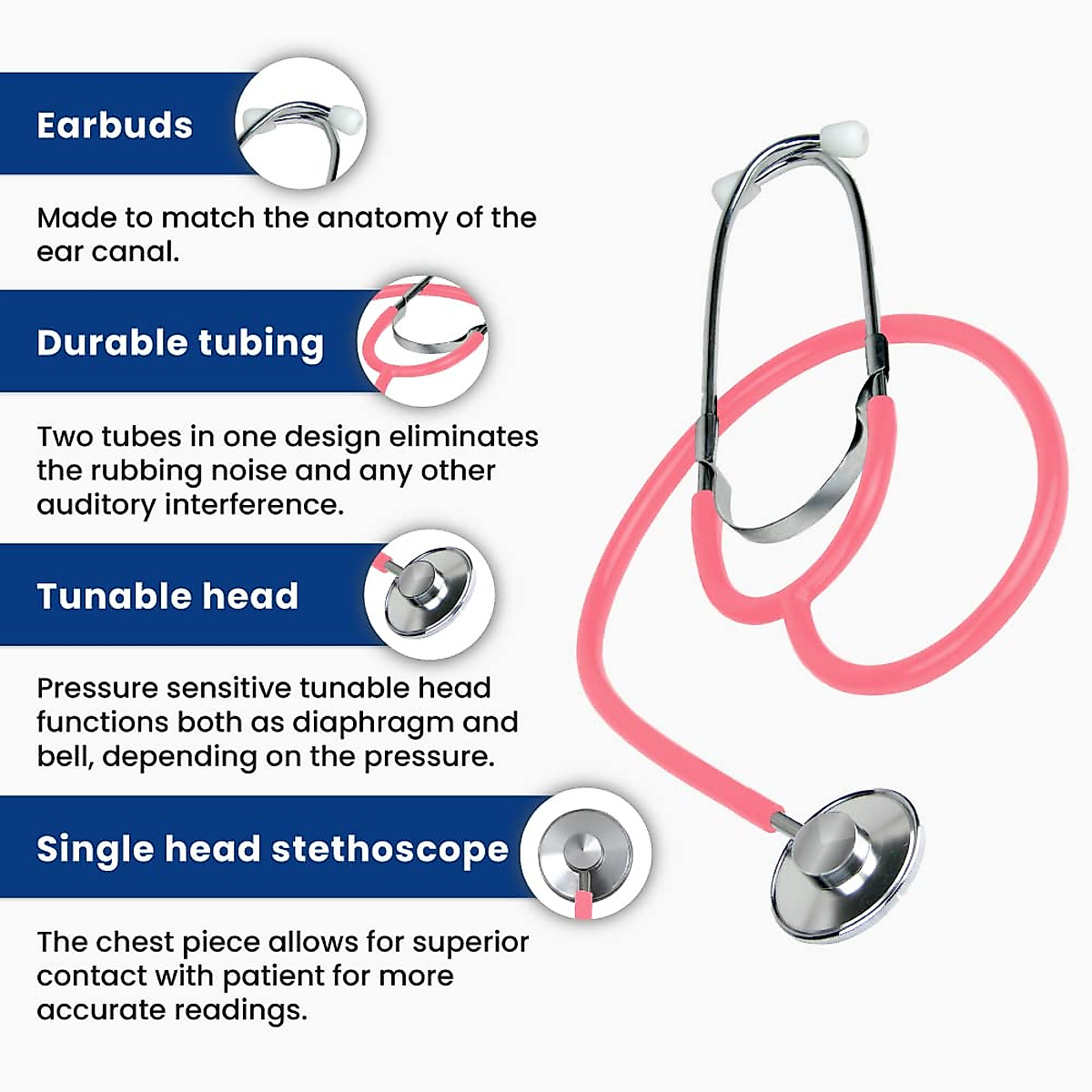 Dixie EMS Single Head Lightweight Stethoscope, Latex Free, for Doctors, Nurses, Students, Medical and Home Use - Pink