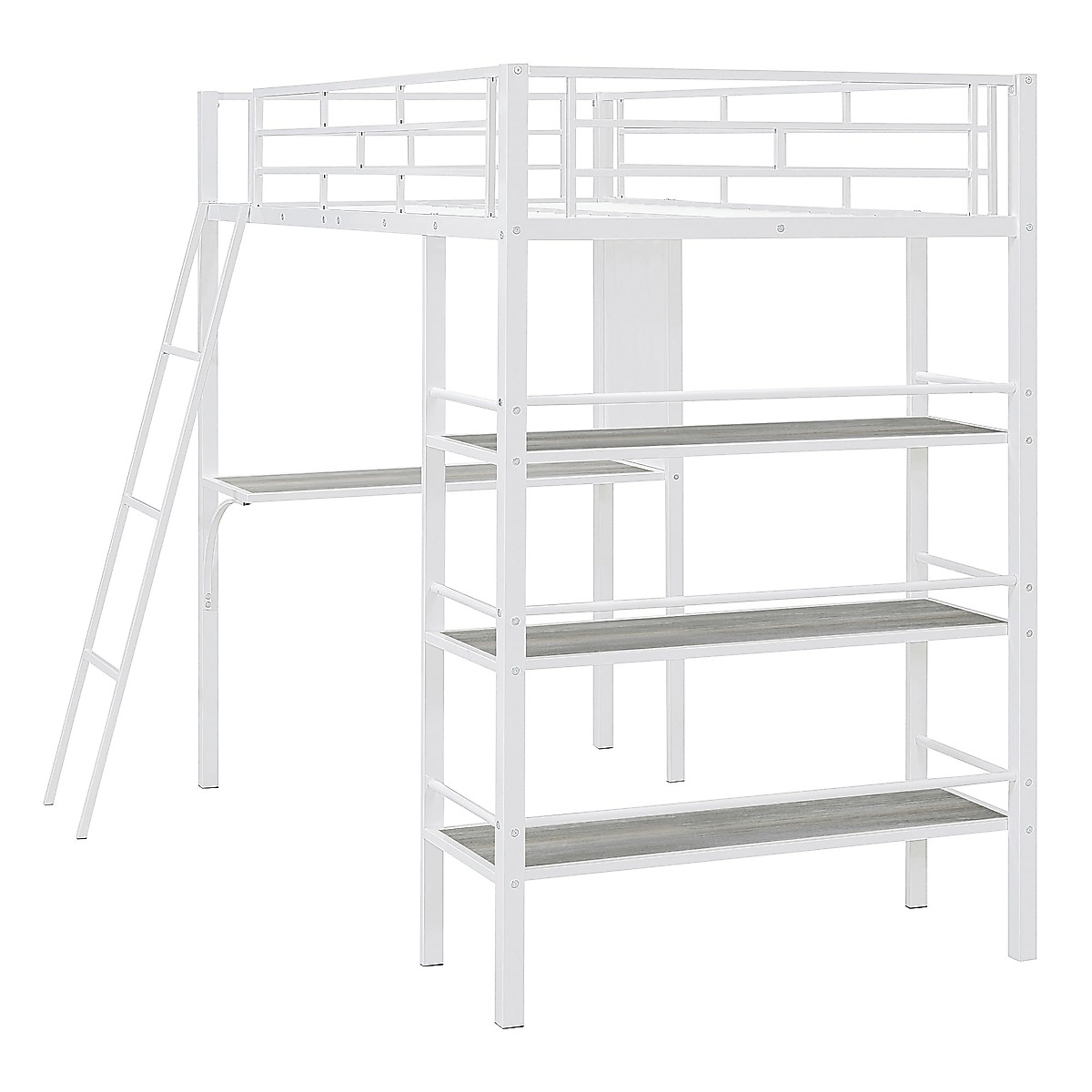 Harper & Bright Designs Metal Twin Size Loft Bed with Desk, Loft Bed Twin with 3 Layers of Shelves, Space Saving Twin Loft Bed with Desk Underneath and Whiteboard for Kids Girls,Boys,White