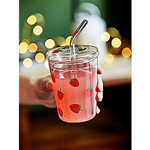 JHNIF 10 Oz Lovely Strawberry Clear Glass Mug with Lid and Straw.
