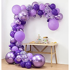 LFVIK Purple Balloons Garland Arch Kit& 4 Sizes 18''12''10''5'', Metallic Balloons, Purple Confetti ballons,for Women Birthday ,Purple theme party,Shower,Wedding.Balloon decoration tools.