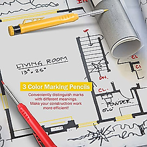 Hiboom 3 Pack Solid Carpenter Pencil with 21 Refill, Long Nosed Deep Hole Mechanical Pencil Marker with Built in Sharpener for Carpenter Fathers Day Gift (Yellow, Red, Black Cover)