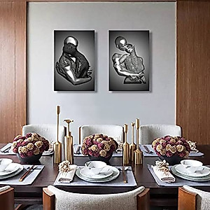 Framed 3 Pcs Love Heart 3d Wall Art Metal Sculpture Romantic Couple Hug Abstract Art Prints Posters Decor Grey Black and White Canvas Printsfor Bedroom Living Room Bathroom Hotel Valentine'S Day