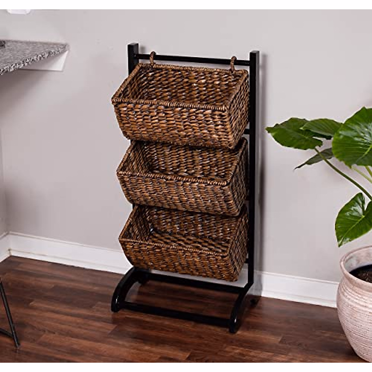 BIRDROCK HOME 3-Tier Abaca Storage Organizer Shelf - Espresso - Extremely Durable Abaca Fiber - Solid Wood Frame - 3 Baskets - Great Cubby for Storage (Brown Wash)