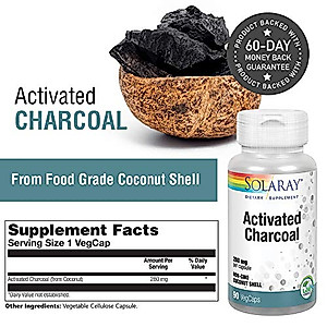 SOLARAY Activated Charcoal 280mg | Coconut Source | Healthy Inner Cleansing & Digestive Tract Support | Non-GMO, Vegan & Lab Verified | 90 Capsules
