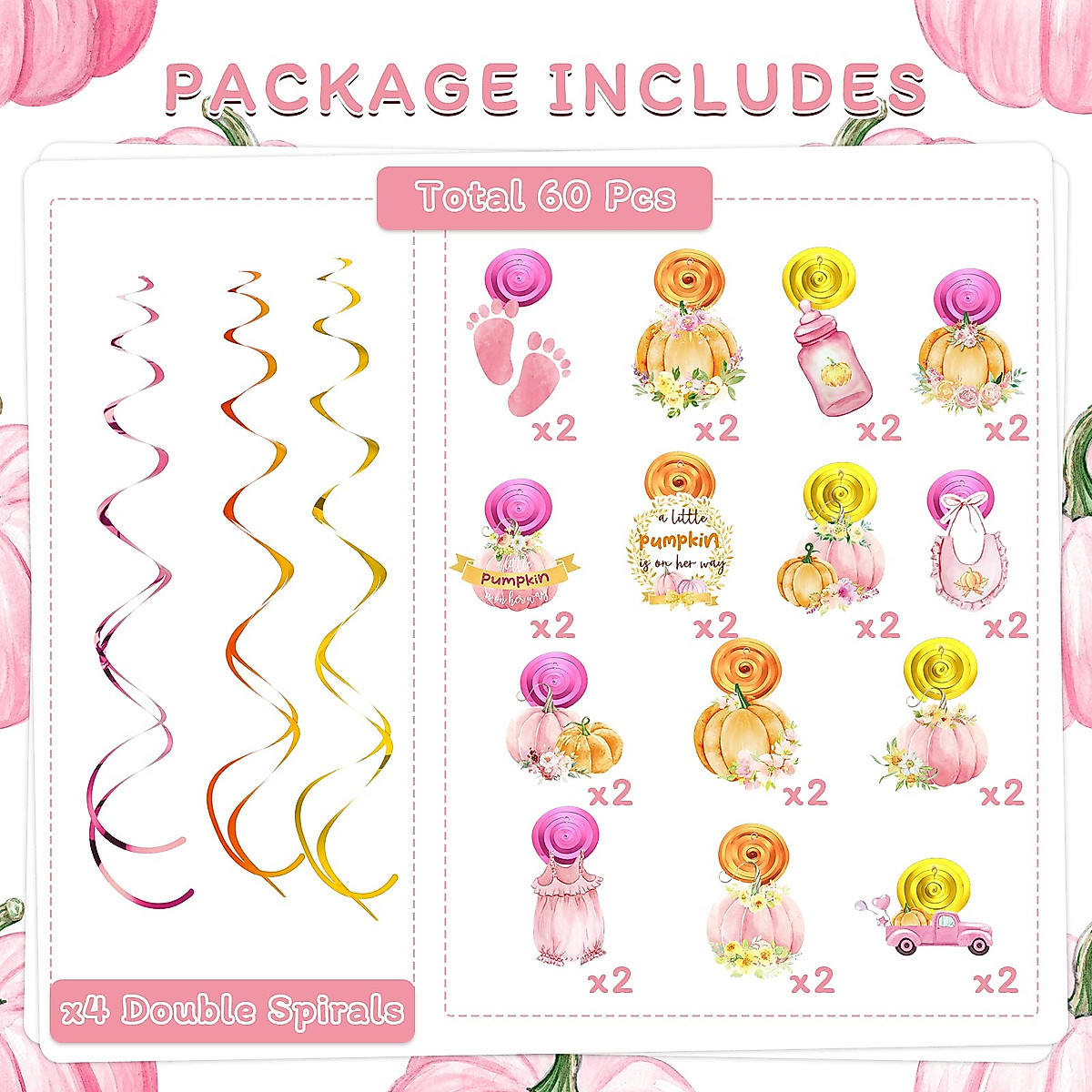60 Pcs Little Pumpkin Hanging Swirls Autumn Thanksgiving Baby Shower Party Decoration a Little Pumpkin Is on Her Way Hanging Decor Pink Floral Pumpkin Ceiling Swirl for Fall Baby Shower Girl Birthday