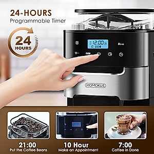 HOMOKUS 10-Cup Coffee Maker with Grinder, Touch Screen, Automatic Brew, Warming Plate, 1.5L Water Tank, Removable Filter - For Home and Office