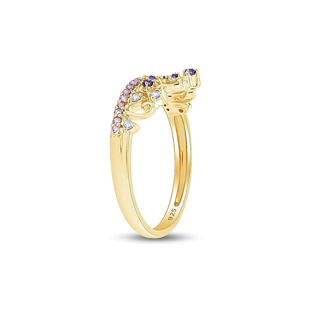 AFFY Round Cut Simulated Multi Stone Rapunzel Princess Style Engagement Wedding Crown Ring in 14k Yellow Gold Over Sterling Silver with Ring Size 7