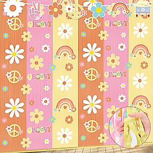 WovWeave 2 Packs Hippie Boho Foil Fringe Curtain 3.3 x 6.6 ft Two Groovy Fringe Backdrop Colorful Retro Daisy Tinsel Streamers for Boho Hippie Groovy Retro Themed Birthday Party Decoration