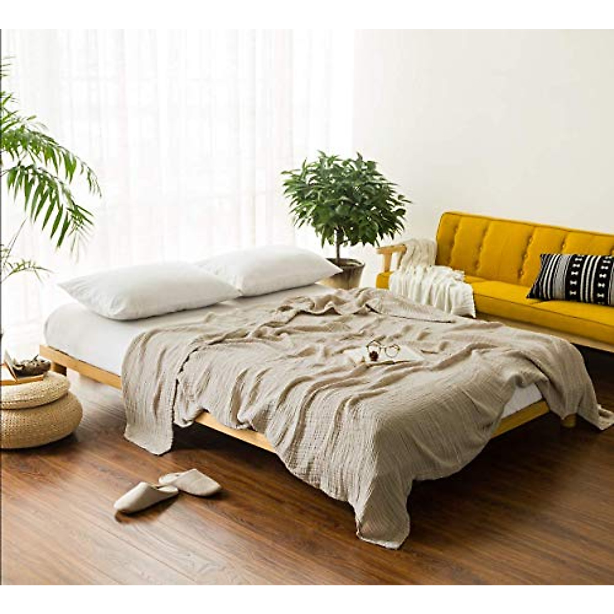 EMME Muslin Throw Cotton Blanket Soft Bed Blankets for Adults and Baby 55"x75" Lightweight Soft Breathable Throw Blanket All Season Gauze Blanket, Light Tan