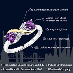 Gem Stone King 925 Sterling Silver and 10K Yellow Gold Heart Shape Purple Amethyst and White Lab Grown Diamond Women Ring (0.88 Cttw, Gemstone Birthstone, Available In Size 5, 6, 7, 8, 9)
