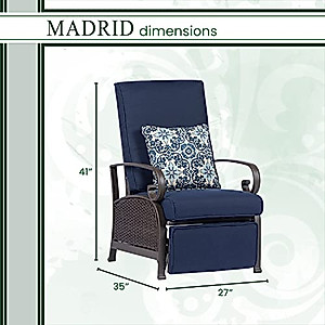 Hanover Madrid Outdoor Patio Recliner, Adjustable Chair, All-Weather Hand-Woven Wicker, Aluminum Frames, Thick Cushions-MADRIDREC-NVY, 1 Piece, Navy