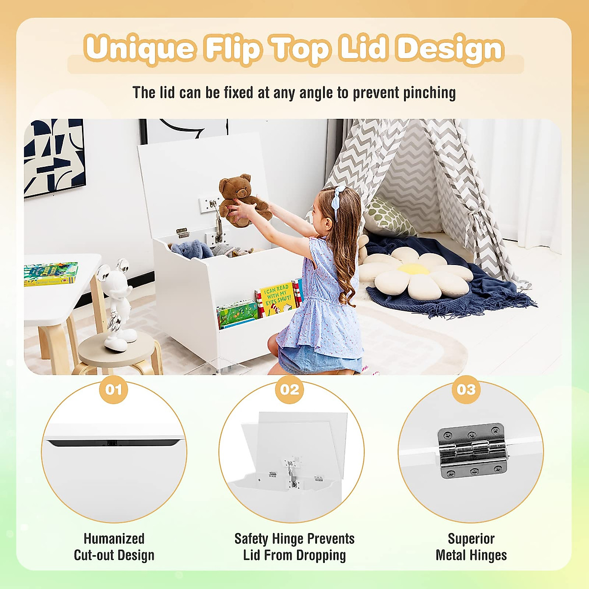 Costzon Wooden Toy Box, Kids Toy Storage Organizer with Front Bookshelf, Flip-Top Lid, Safety Hinge, 4 Universal Wheels, Boys Girls Toy Chest Bench for Playroom Kids Room Organization (White)