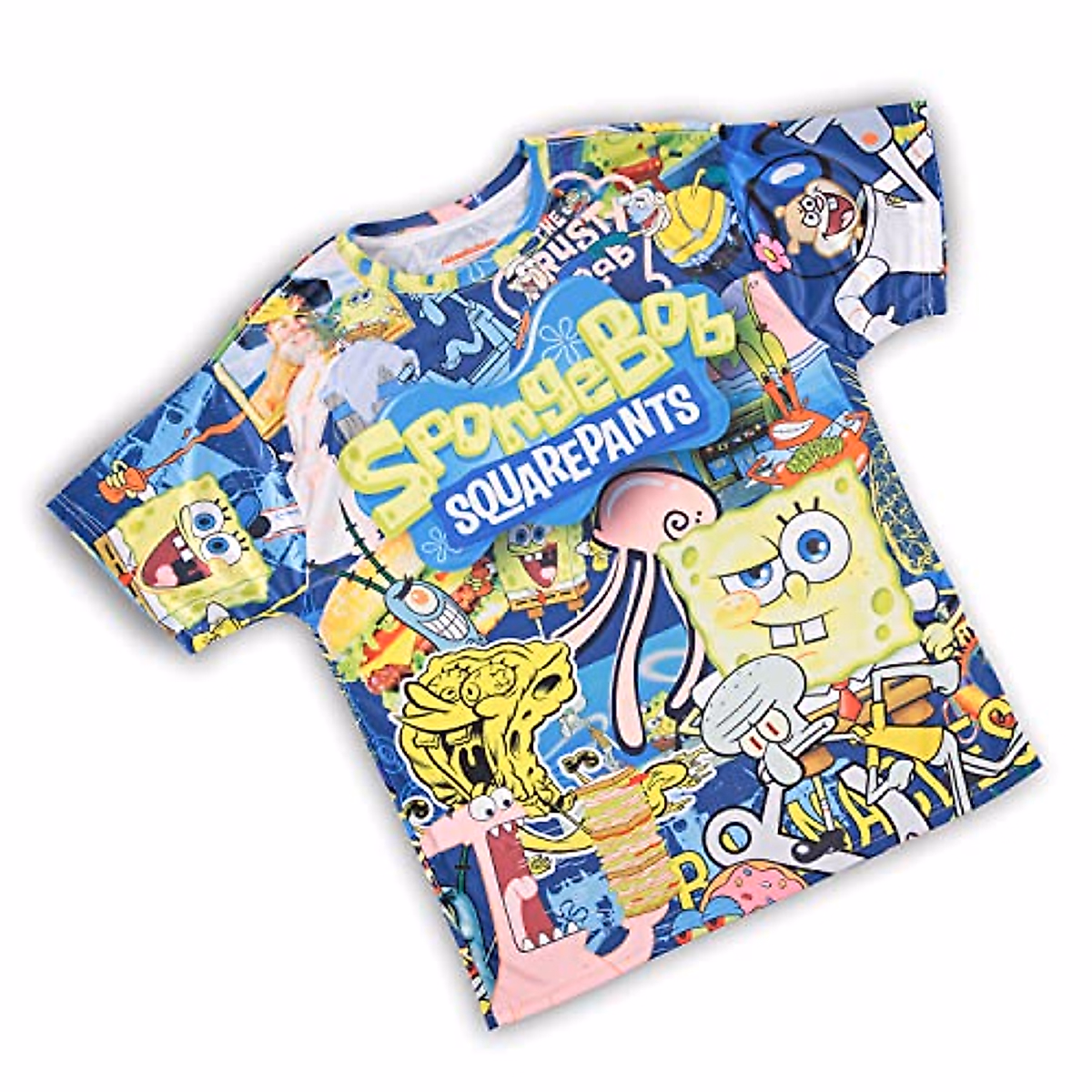 Mens Spongebob Squarepants Classic Shirt - Spongebob, Patrick & Krusty Krab Sublimated Allover T-Shirt (White, X-Large)