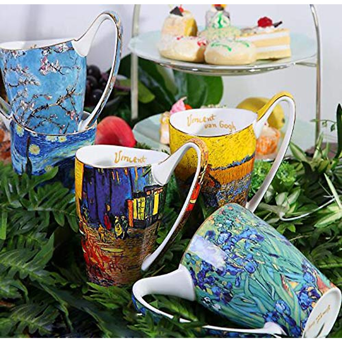 YBK Tech Bone China Coffee Mug, 16oz Large Tea Cup - Design Inspired by Van Gogh's Paintings (Iris flower)