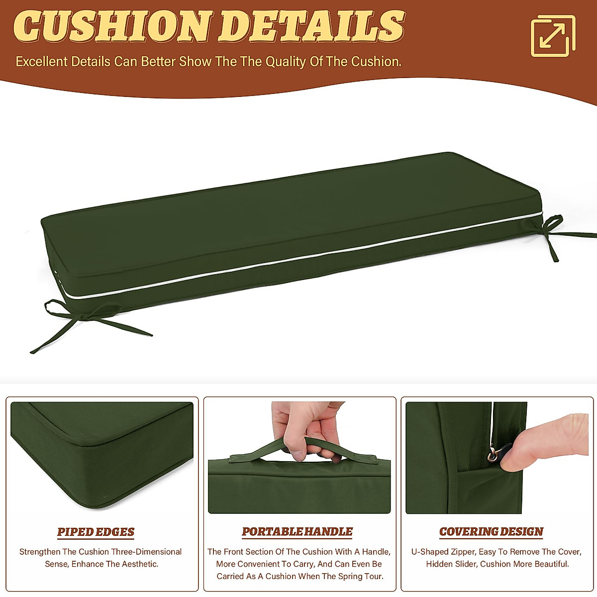 Focuprodu Bench Cushions.Double Piping Bench Cushions for Indoor/Outdoor Furniture,42x16 inchs Outdoor Bench Cushions for Courtyards, Terraces, Swing Cenches (42x16x2.5, Military Green)