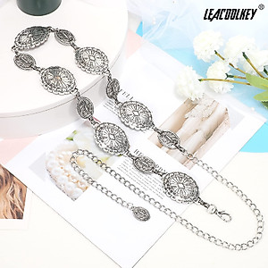LEACOOLKEY Women Silver Western Concho Chain Belt Boho Metal Western Cowgirl Chain Belt for Dress Adjustable