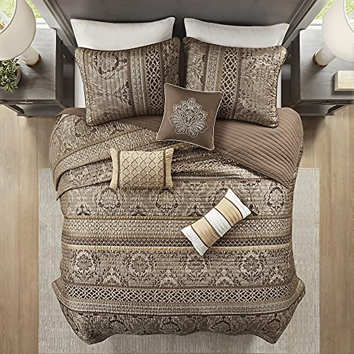 Madison Park Quilt Traditional Damask Design All Season, Lightweight Coverlet Bedspread Bedding Set, Matching Shams, Pillows, King/Cal King(104"x94"), Bellagio, Jacquard Brown/Gold 6 Piece (MP13-369)