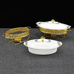 HONHPD 3 Piece Set Ceramics Oval Chafing Dish 1.0/1.5/2.0L Luxury an Crown Gold Food Warmer Set for Buffet Weddings, Parties, Banquets, Catering Events, Golden