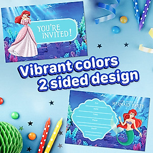Set of 20 Undersea Princess Inspired Happy Birthday Invitation Cards & Envelopes – Lightweight (240g), Postcard Style Invites for the Perfect Party Pack