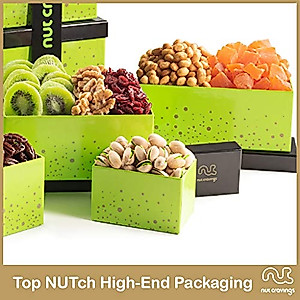 Dried Fruit & Mixed Nuts Gift Basket Green Tower + Ribbon (12 Assortments) Purim Mishloach Manot Gourmet Food Bouquet Arrangement Platter, Birthday Care Package, Healthy Kosher Snack Box, Her Him