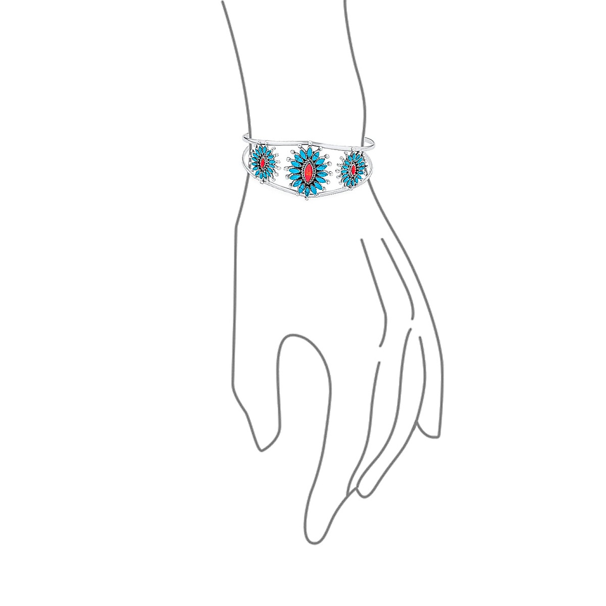 Personalize South Western Navajo Style Orange Red Coral Blue Turquoise Zuni Needlepoint Jewelry Flower Blossom Wide Cuff Bracelet For Women .925 Sterling Silver Customizable