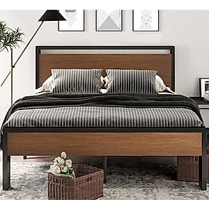 SHA CERLIN 14 Inch Queen Size Metal Platform Bed Frame with Wooden Headboard and Footboard, Mattress Foundation, No Box Spring Needed, Large Under Bed Storage, Non-Slip Without Noise, Walnut