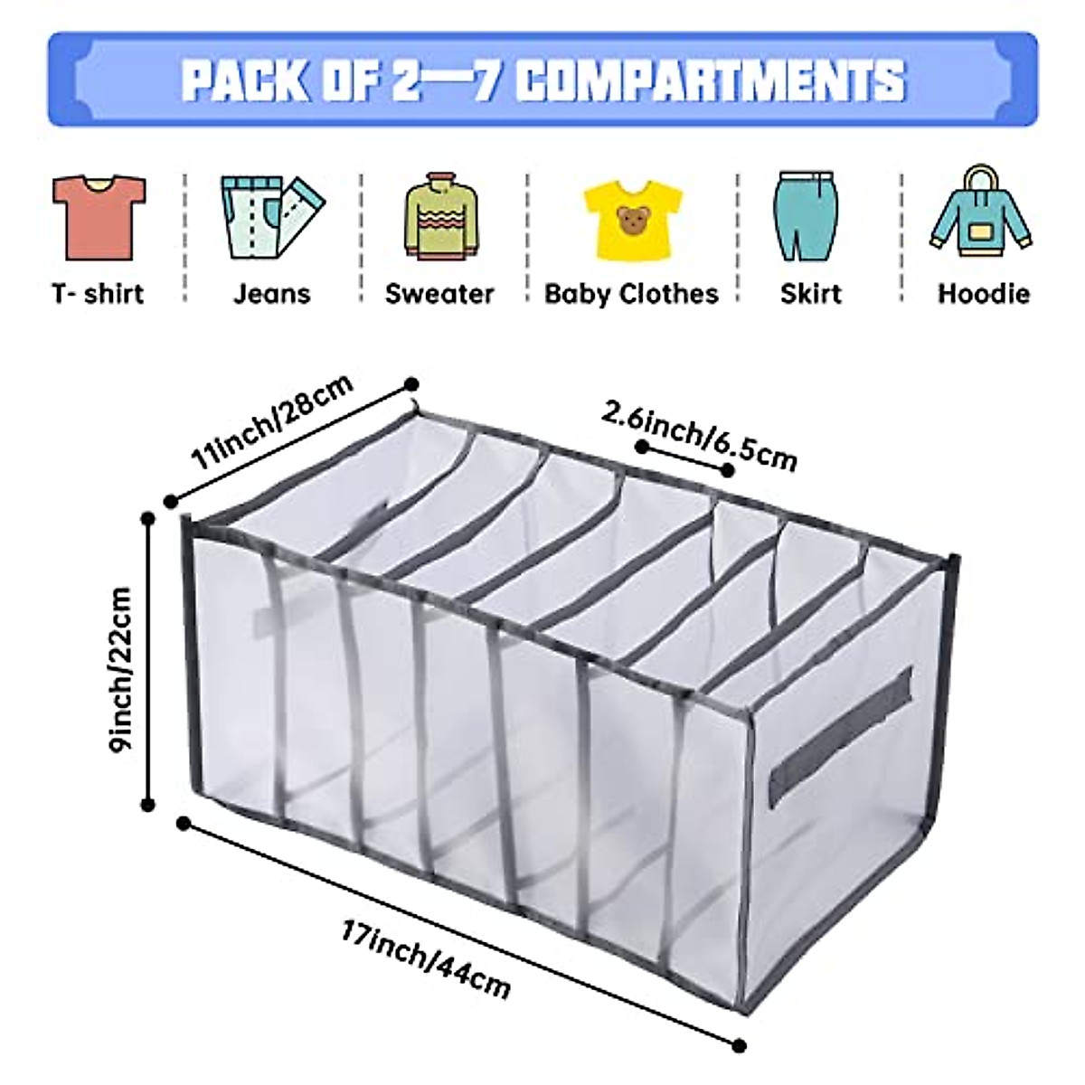 2PCS Washable Wardrobe Clothes Organizer, 7 Grids Foldable Visible Clothes Compartment Storage Box Closet Drawer Organizer Mesh Separation Box for T-shirt, Skirts, Legging, Jeans, Kid Clothes (Gray)