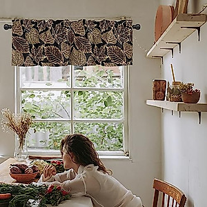 Thanksgiving Fall Valance Curtains for Living Room/Bedroom/Bathroom/Kitchen Window,Rod Pocket Tiers Small Curtain Drape Window Panel Treatment,Gold Autumn Maple Leaves Black Backdrop Valance 54"x18"