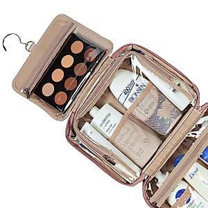 NISHEL Travel Toiletry Bag for Women Large Capacity, Makeup Essentials Organizer, Hanging Case for Accessories, Cosmetics, Rosewood-Pink