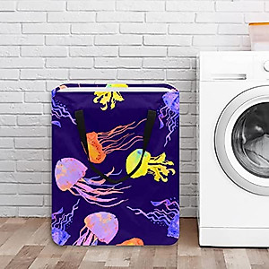 Colorful Jellyfish Sealife Print Collapsible Laundry Hamper, 60L Waterproof Laundry Baskets Washing Bin Clothes Toys Storage for Dorm Bathroom Bedroom