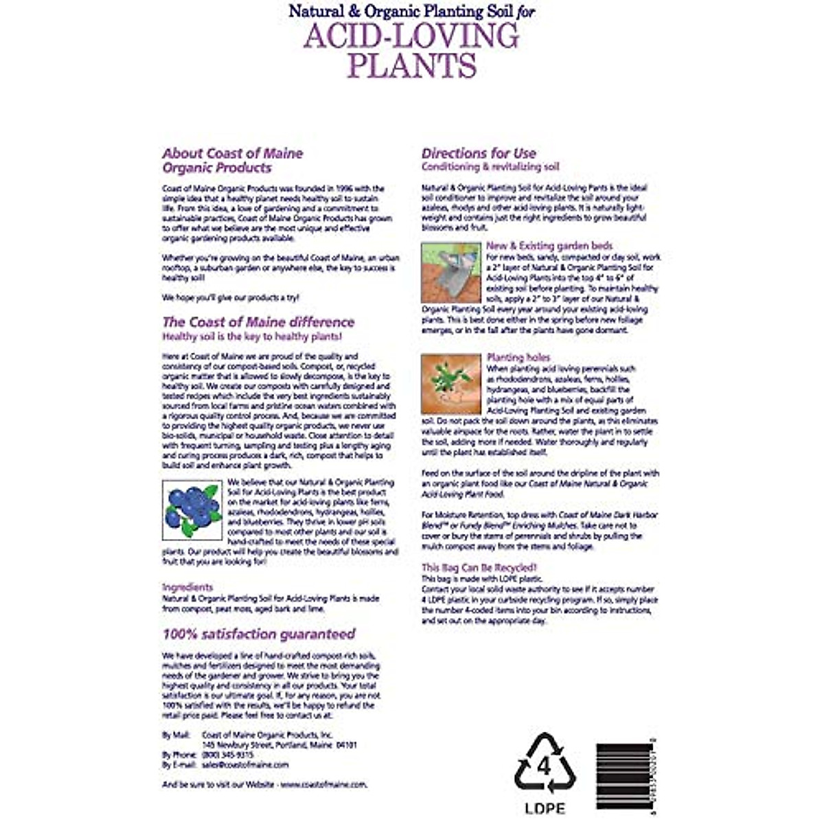 Coast of Maine Organic Natural Garden Compost Potting Planting Soil Blend for Acid Loving Plants, Bushes, and Flowers, 20 Quart Bag (4 Pack)