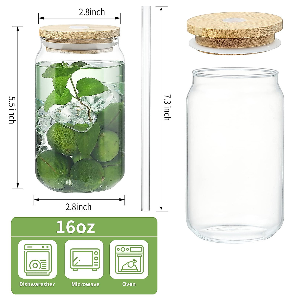 Yephets Drinking Glasses (16oz) with Bamboo Lids and Plastic Straw, Pack of 6 Heat Resistant Wide Mouth Juice Drinking Glasses Cups for Cold Beverages & Warm Drinks