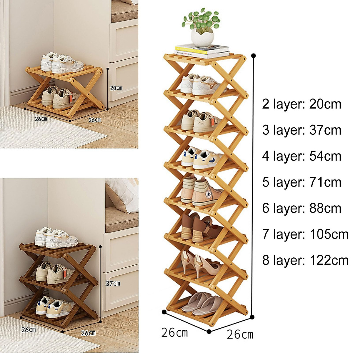 Narrow Shoe Rack - Shoe Storage Organiser- Vertical Bamboo Foldable Shoes Shelf for Entryway, Closet, Bedroom, Hallway ([tawny] 4 layers)