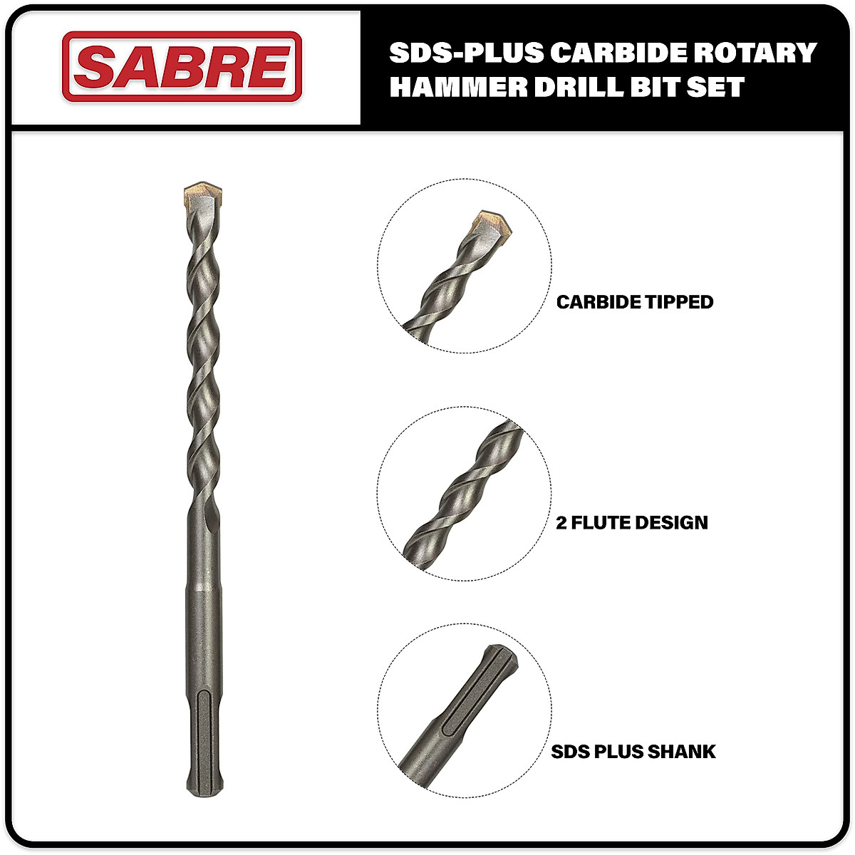 Sabre Tools 8-Piece SDS Plus Drill Bit Set, Carbide Tipped, Rotary Hammer Drill Bits for Brick, Stone, Concrete