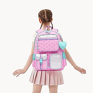 Meetbelify Pink Backpack for Girls School Backpack Aesthetic Backpack for Elementary Student Teen Girls Cute School Bag Kids Kawaii Bookbag for Girls 8-10