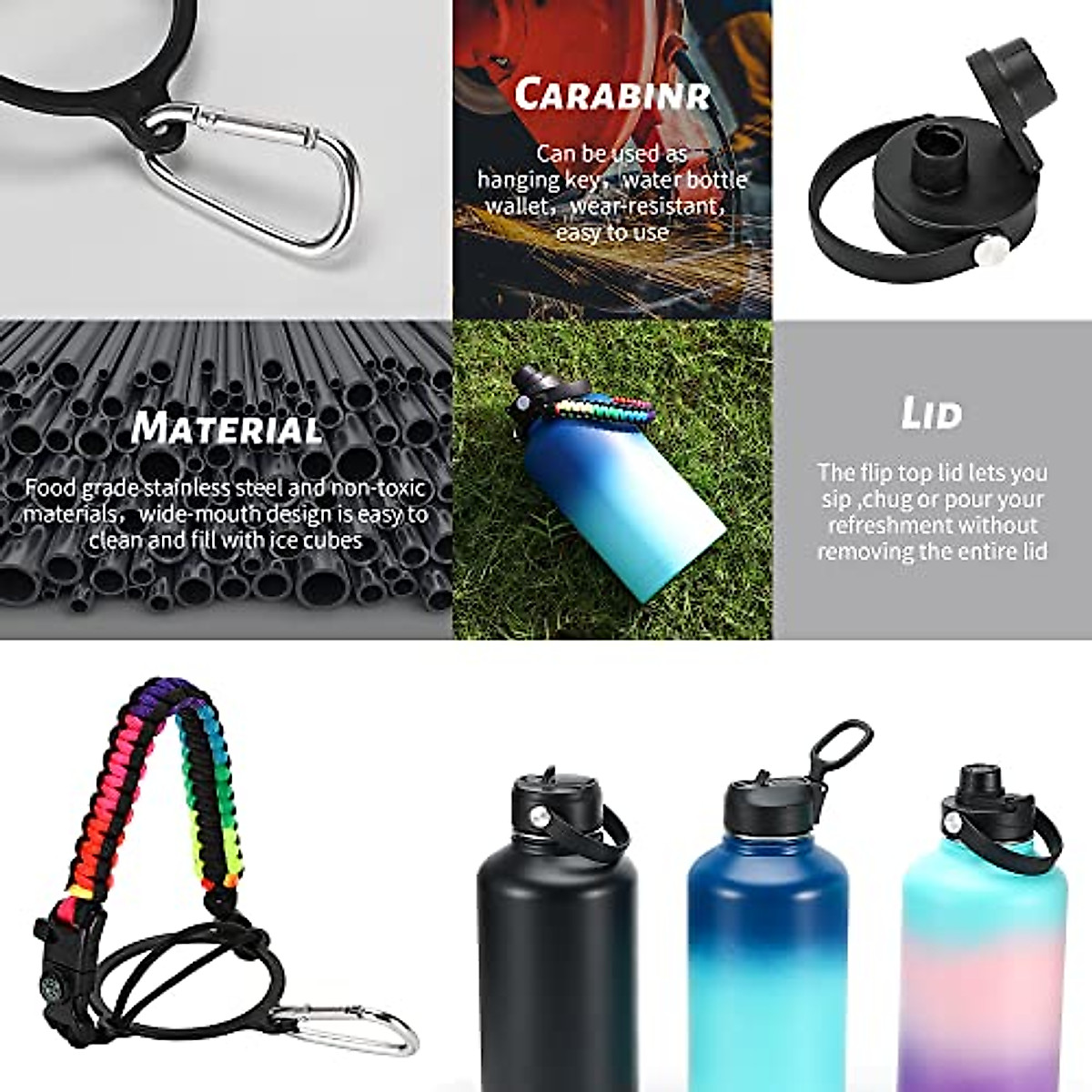 OJOJ Sports Water Bottle with Paracord - 64 oz Water Bottles with Straw Vacuum Insulated Water Jug Stainless Steel Water Bottle Water Bottle for Gym Hiking Hot and Cold Drinks