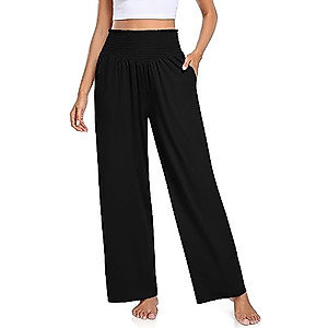 TARSE Womens Smocked Ruffle High Waisted Wide Leg Yoga Sweatpants Comfy Palazzo Lounge Pants Pajama Pants with Pockets Black M