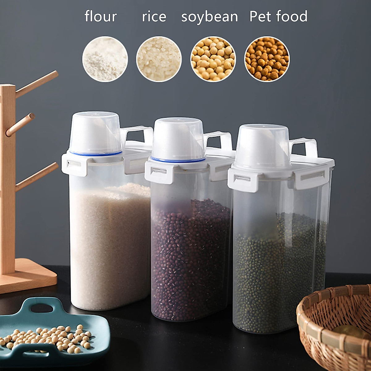 RRROOPP 4 sets 5.5 LB Rice Storage Bin Cereal Containers Dispenser with BPA Free Plastic + Airtight Design + Measuring Cup + Pour Spout - Perfect for Rice Flour Baking Supplies Pet Dog Food Storage