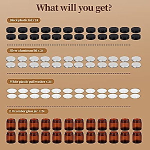 2 oz Amber Round Glass Jars (24 Pack & 48 Lids), Empty Cosmetic Containers with Inner Liners and 24 black Lids & 24 Silver Lids for Slime, Beauty Products, Cosmetic, Lotion, Ointments & DIY