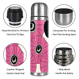 Stainless Steel Leather Vacuum Insulated Mug Flowers Thermos Water Bottle for Hot and Cold Drinks Kids Adults 16 Oz
