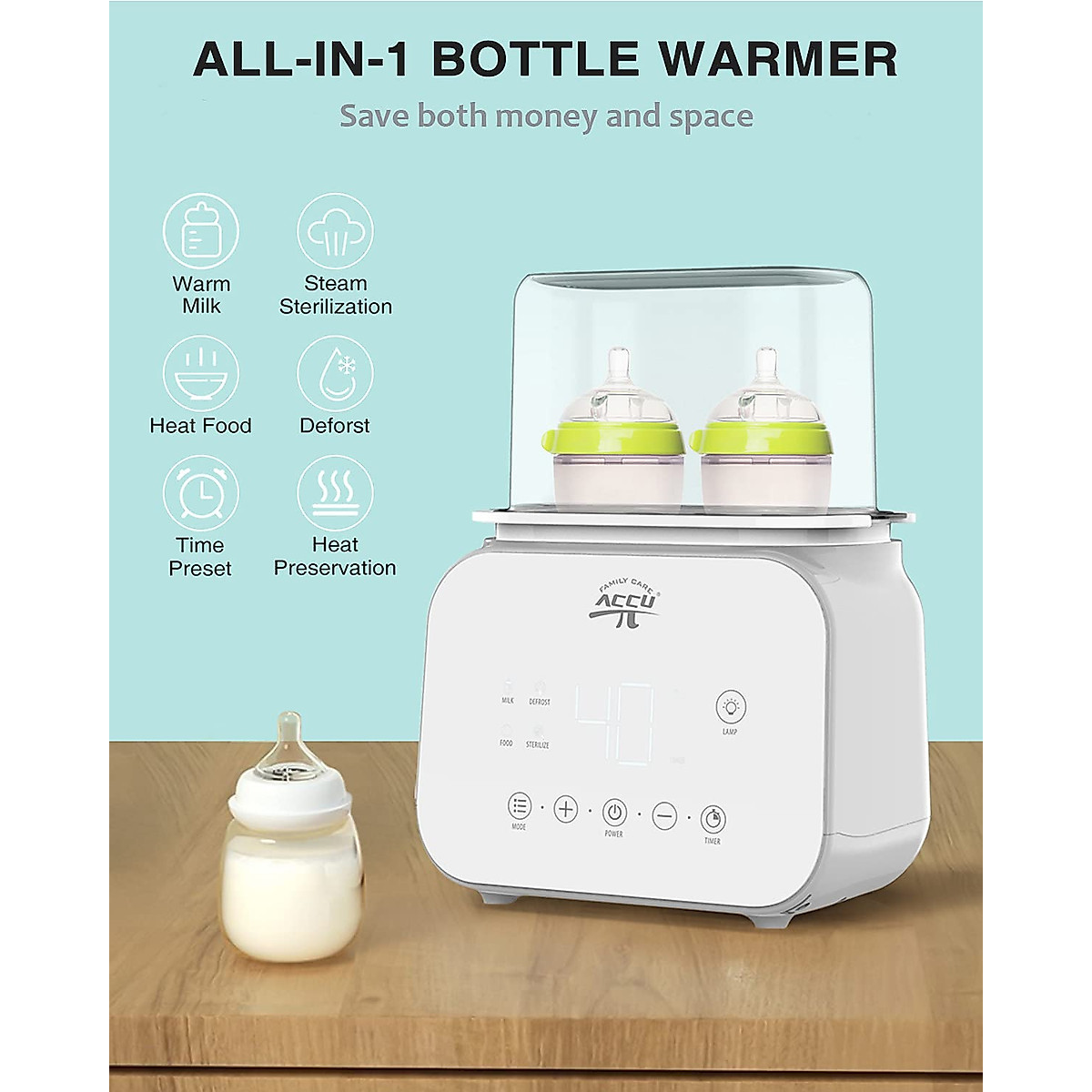 Baby Bottle Warmer, Double Bottle Warmer for Breastmilk, 6-in-1 Baby Food Heater Defroster, Fast Infant Formula Warmer with Timer for Twins, 24H Temp Control, BPA Free